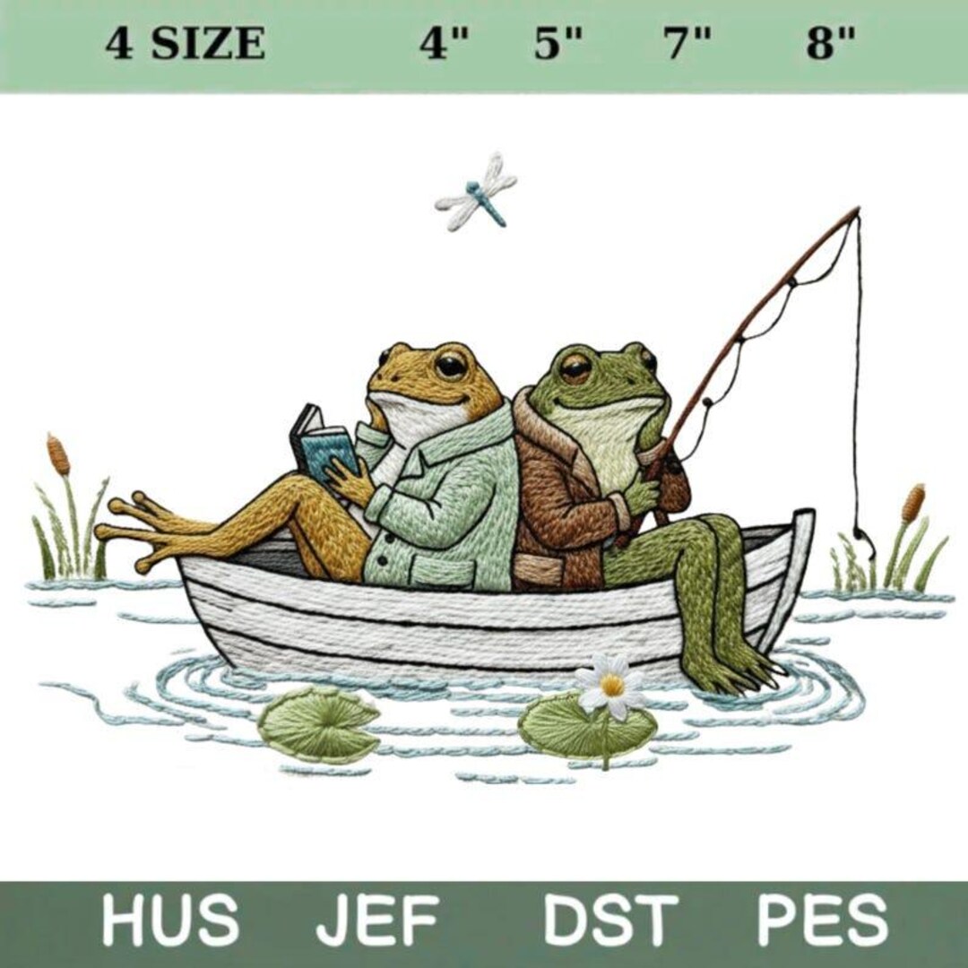 Frog Embroidery Design, Fishing Frogs Reading Book Pattern, Cute Animal ...