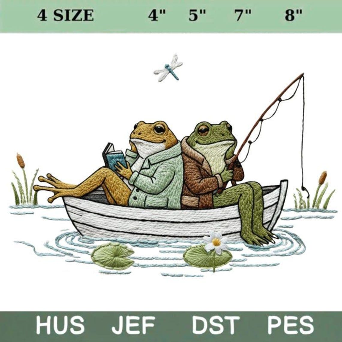 Frog Embroidery Design, Fishing Frogs Reading Book Pattern, Cute Animal ...