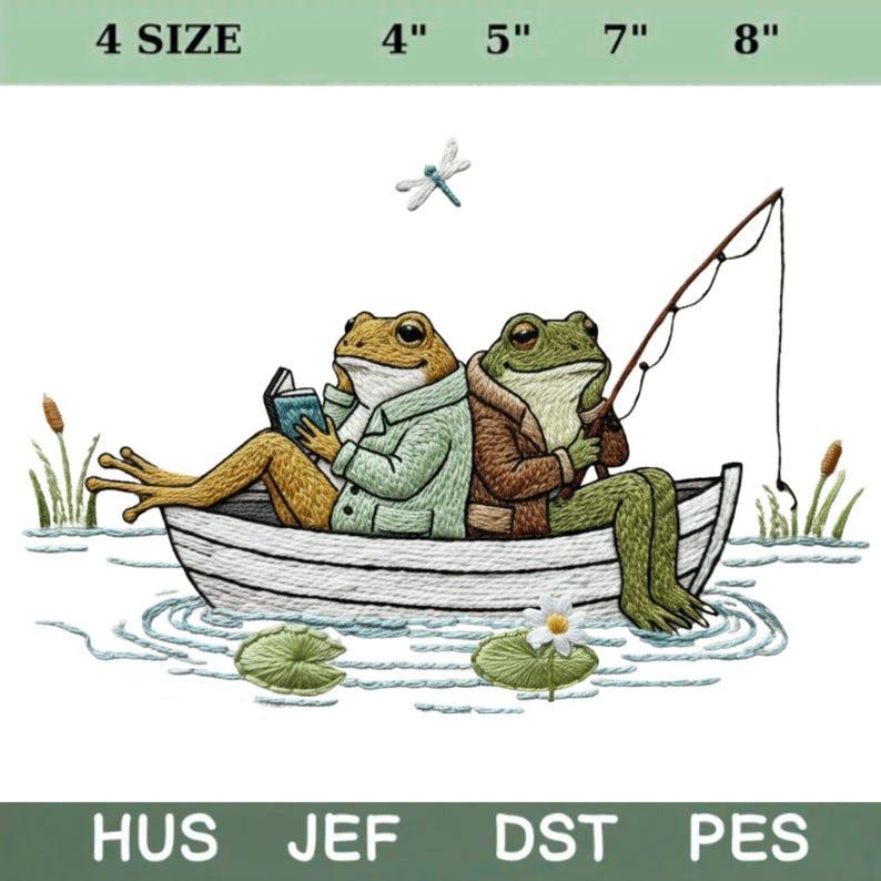 Frog Embroidery Design, Fishing Frogs Reading Book Pattern, Cute Animal ...