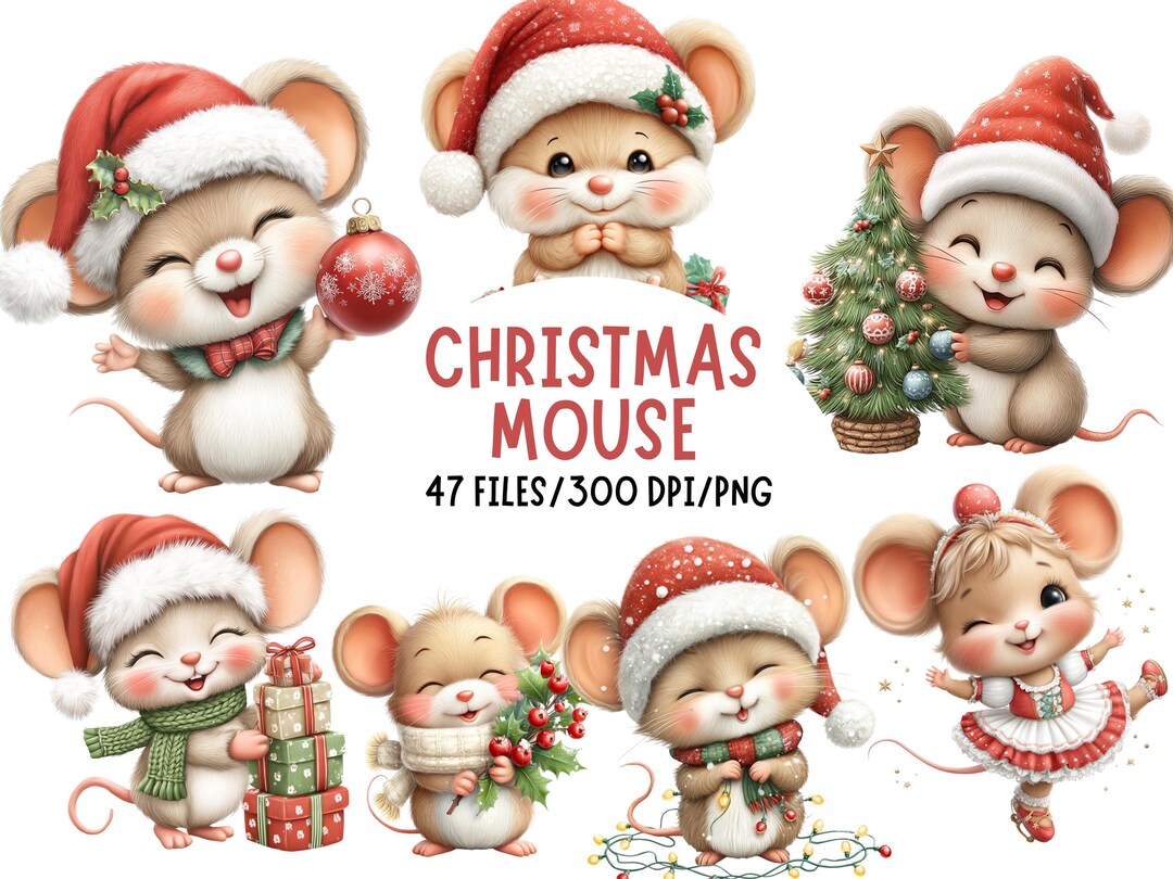 Cute Christmas Mouse Clipart – Holiday Mice PNG Bundle – Festive Winter ...