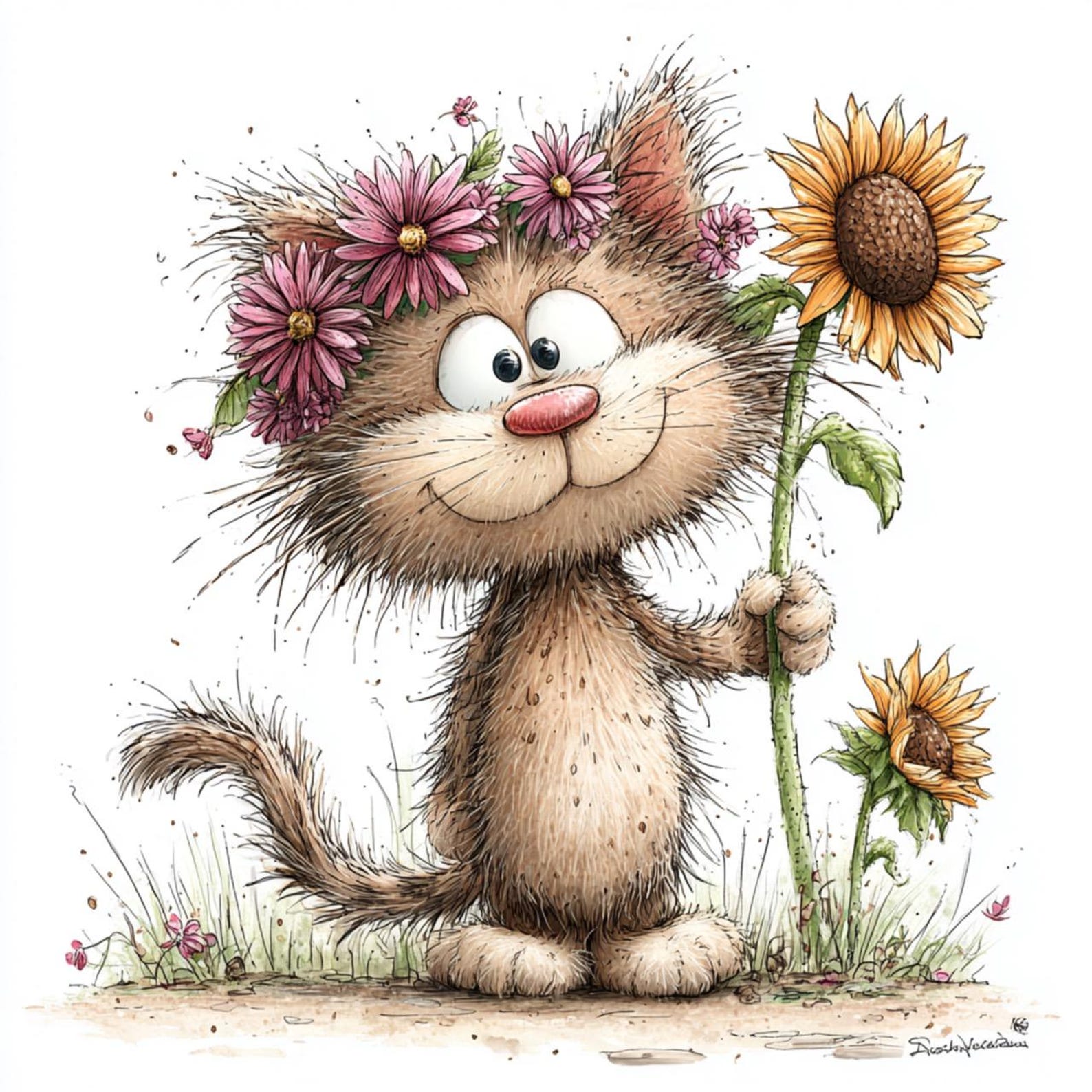 30 JPG Whimsical Cat Clipart – Cute Spring Cat With Floral JPG – Quirky ...