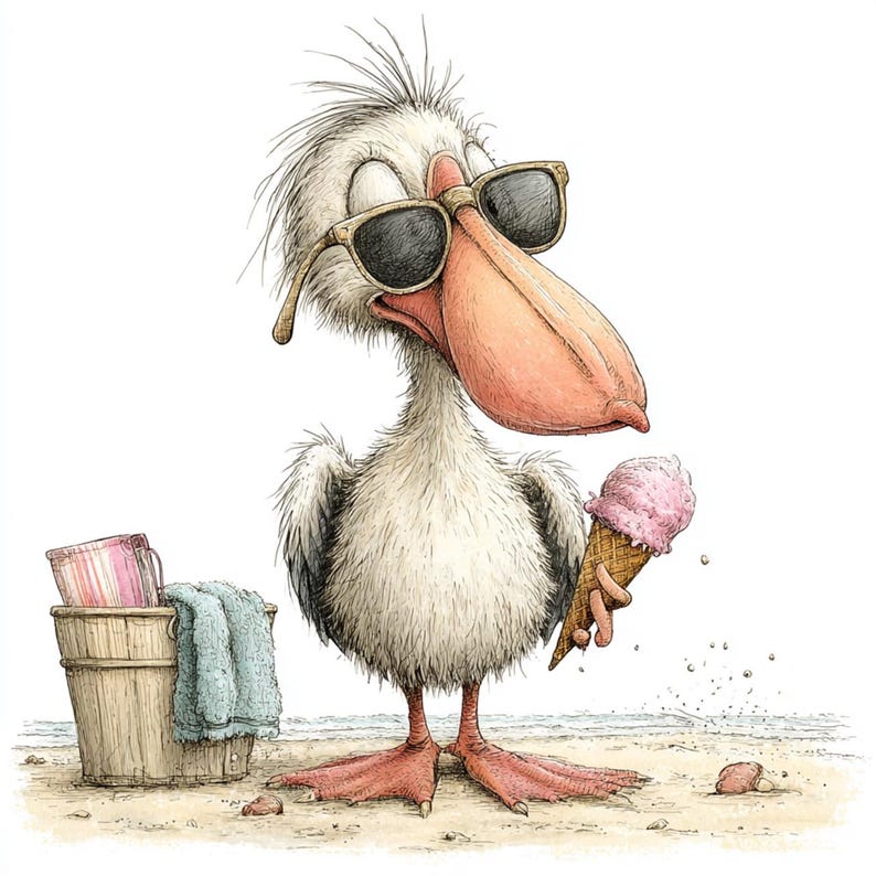 43 JPG Whimsical Pelican Clipart, Cute Quirky Beach Bird, Summer ...