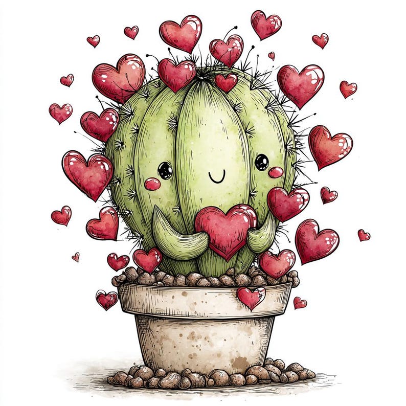 Whimsical Cactus Valentine Clipart – Cute Love Cactus Art JPG – Hearts ...