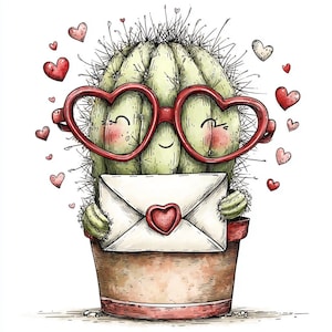 Whimsical Cactus Valentine Clipart – Cute Love Cactus Art JPG – Hearts ...