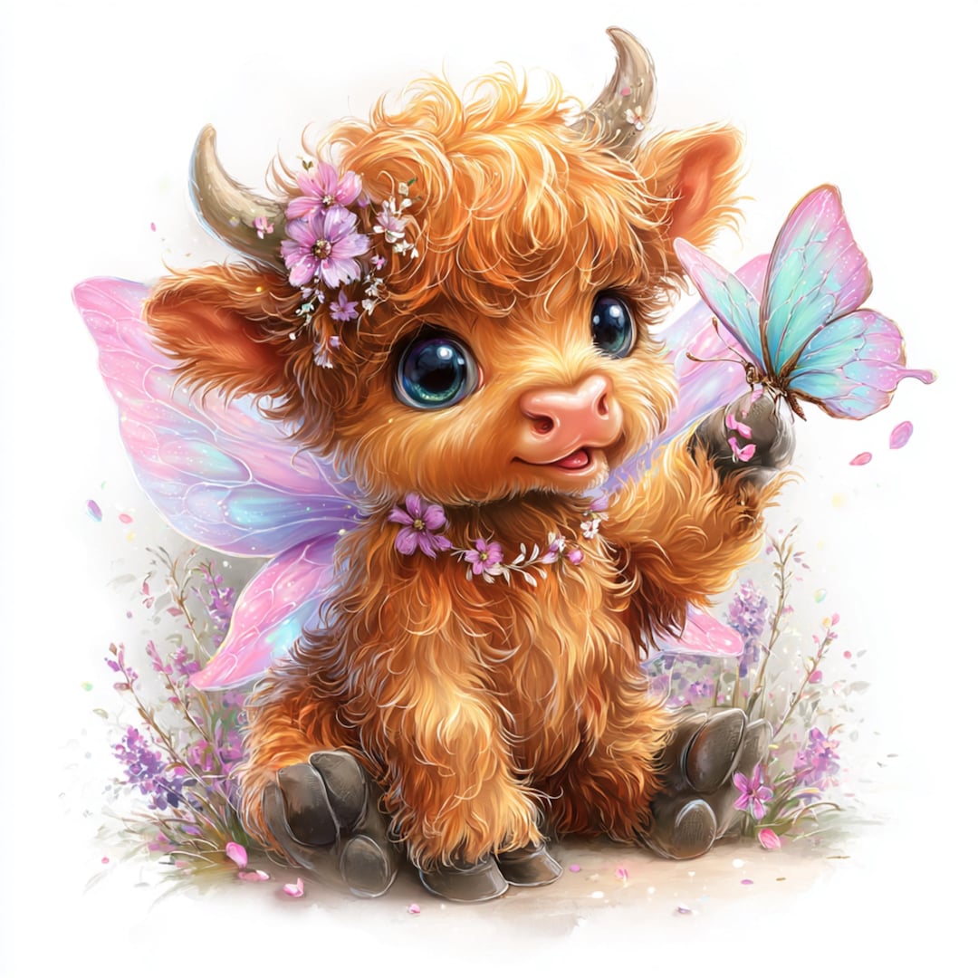 30 JPG Highland Cow Butterfly Clipart, Cute Cartoon Highland Cows ...
