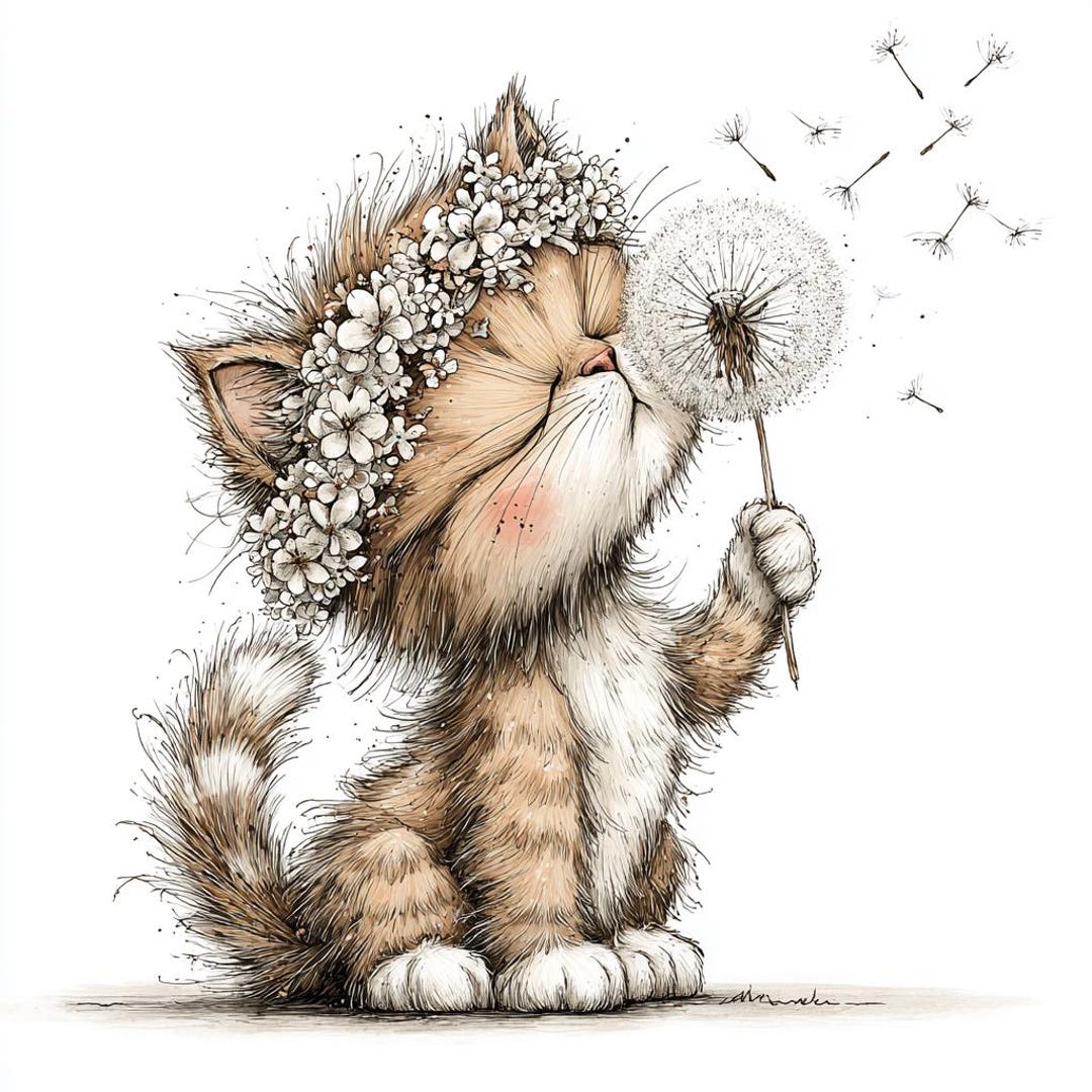 44 JPG Whimsical Cat Clipart – Cute Spring Cat With White Floral Crown ...