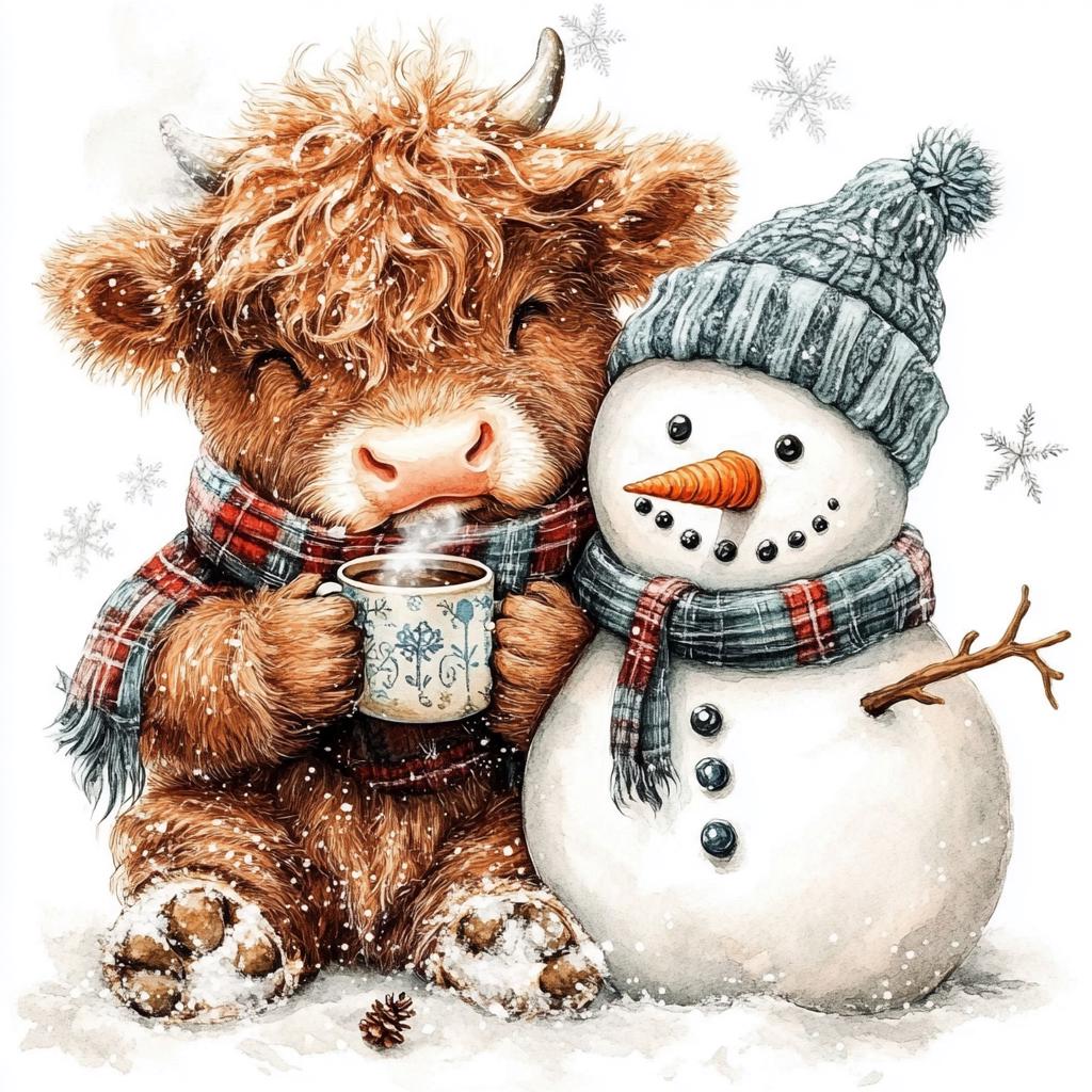 27 JPG Highland Cow With Snowman Clipart, Christmas Clipart, Hot Cocoa ...