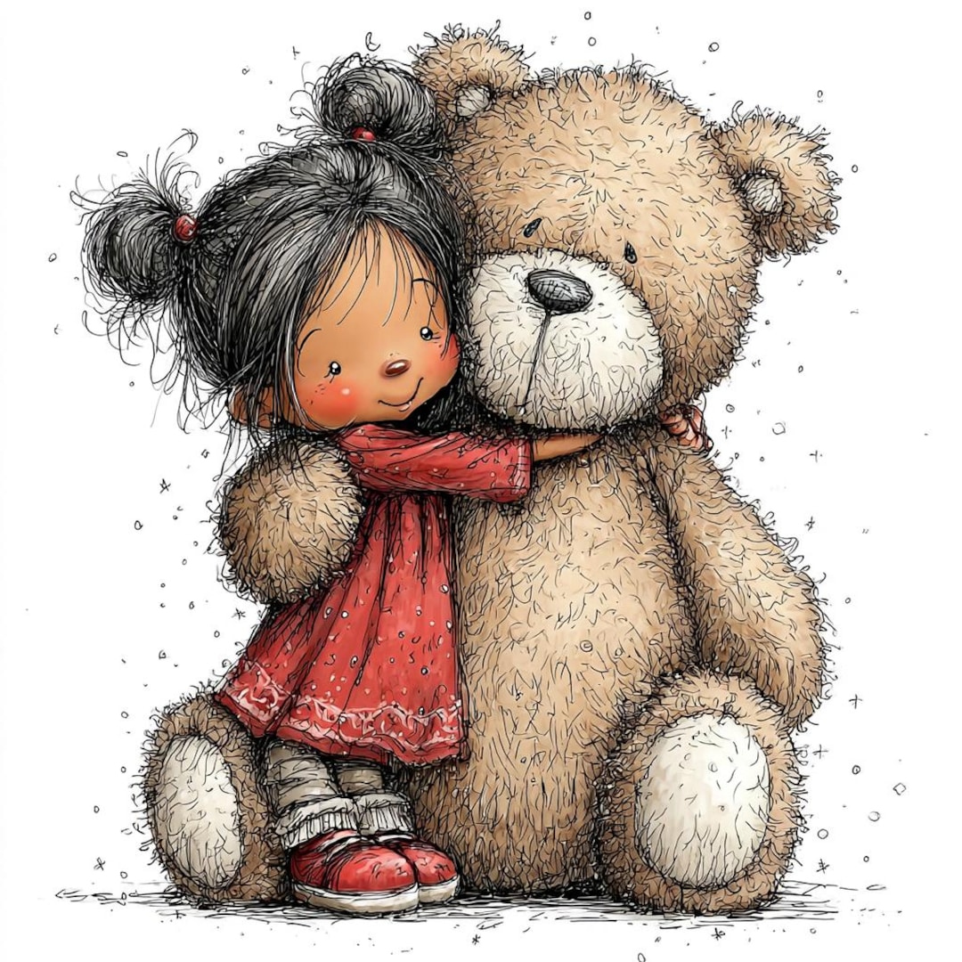 37 JPG Whimsical Teddy Bear Girl Clipart – Cute Girl and Bear Art JPG ...