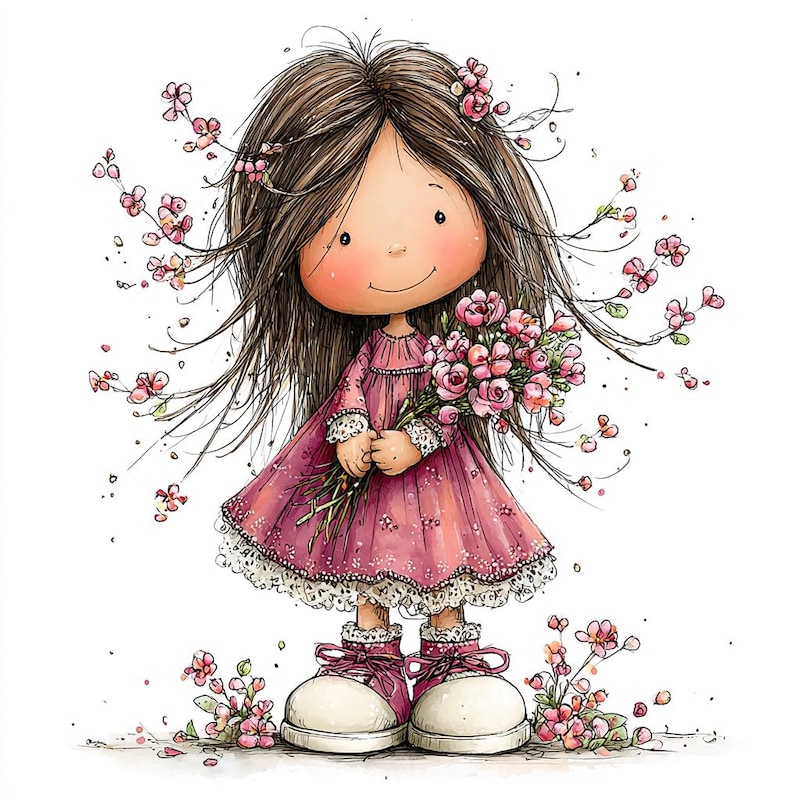 Girl and Flowers Clipart - Etsy UK