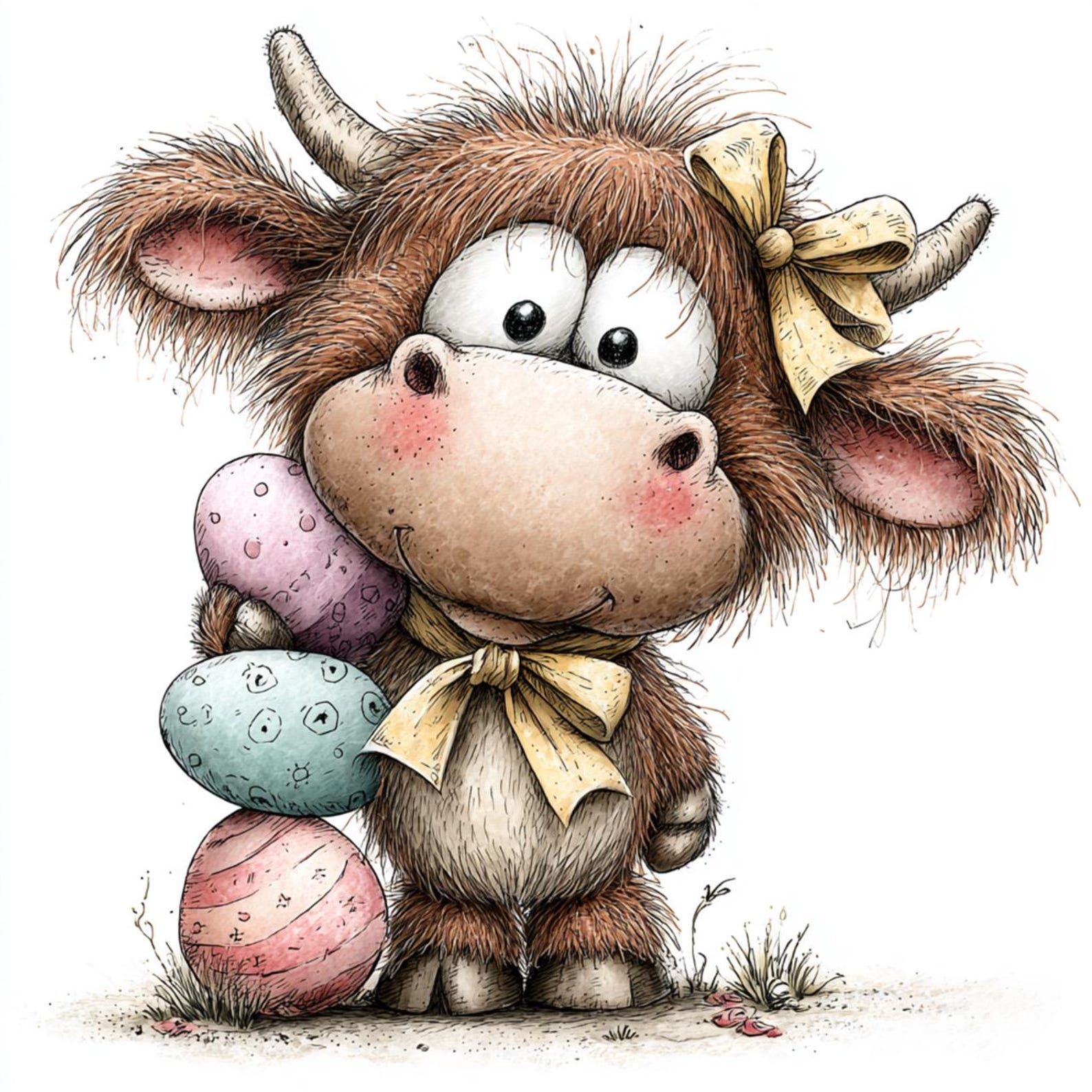 24 JPG Whimsical Easter Highland Cow Clipart – Cute Quirky Cow Playing ...