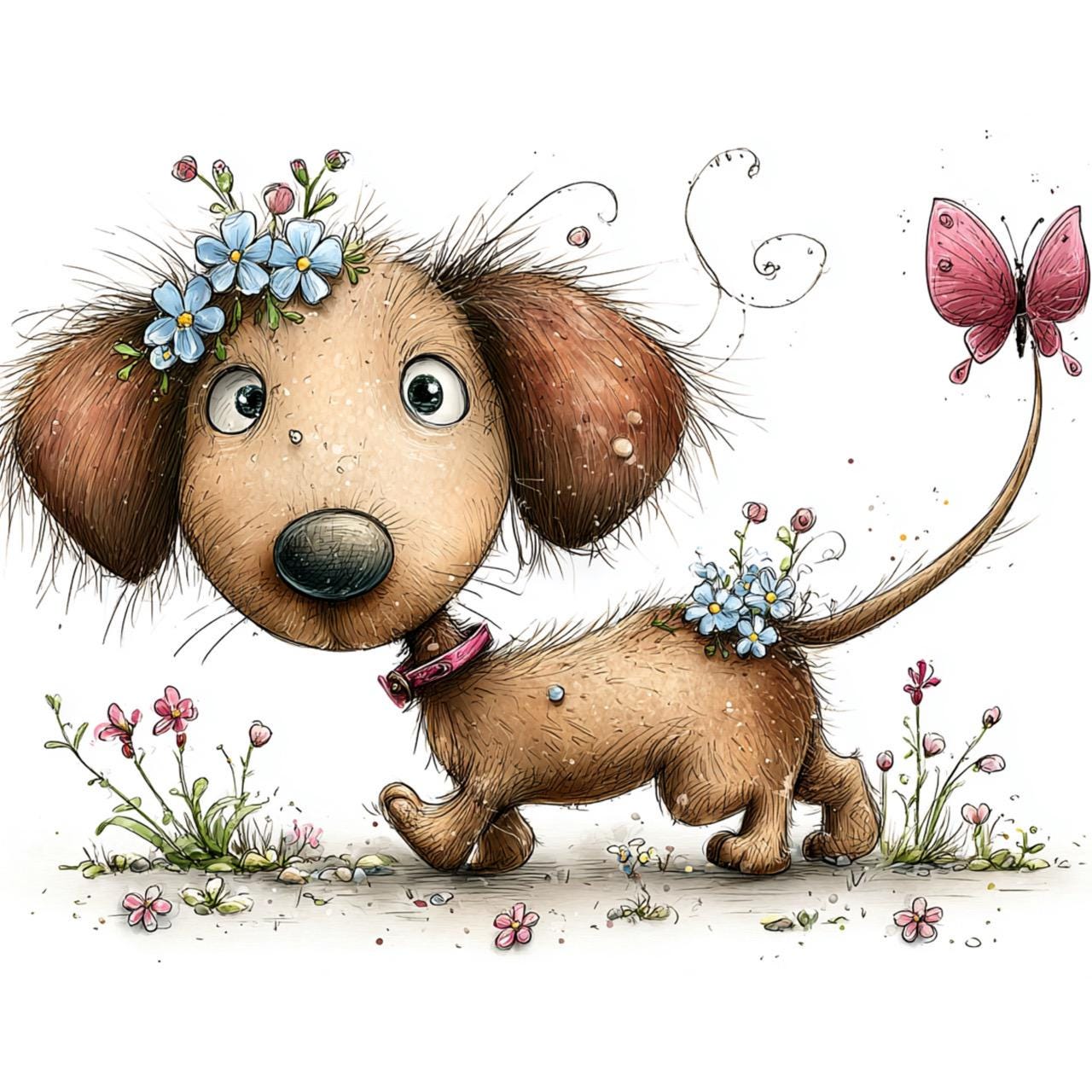 Whimsical Spring Dachshund Clipart – Floral Watercolor Sausage Dog Pngs ...