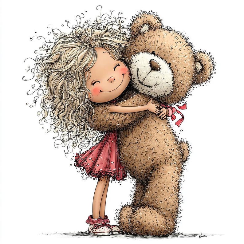 37 JPG Whimsical Teddy Bear Girl Clipart – Cute Girl and Bear Art JPG ...
