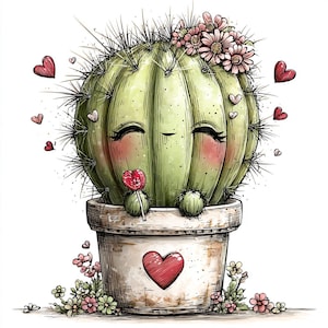 Whimsical Cactus Valentine Clipart – Cute Love Cactus Art JPG – Hearts ...