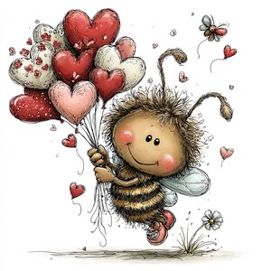 40 JPG Valentine Clipart – Cute Bee Valentine – Whimsical Love Bee ...