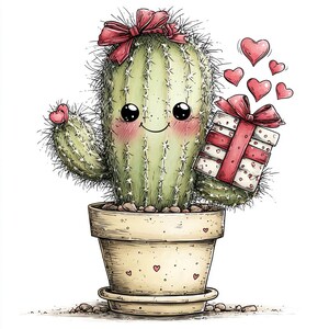 Whimsical Cactus Valentine Clipart – Cute Love Cactus Art JPG – Hearts ...