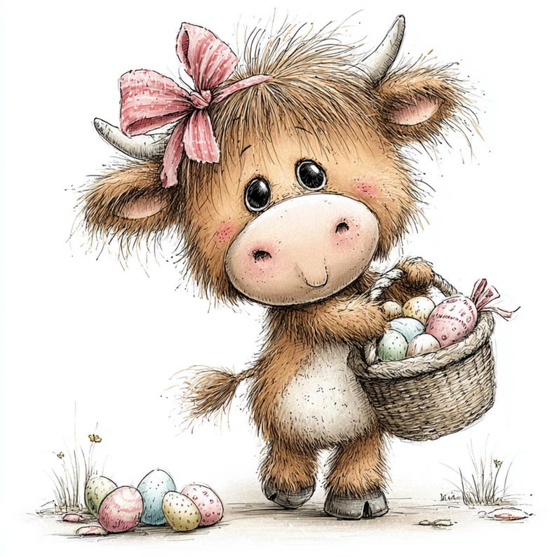 24 JPG Whimsical Easter Highland Cow Clipart – Cute Quirky Cow Playing ...