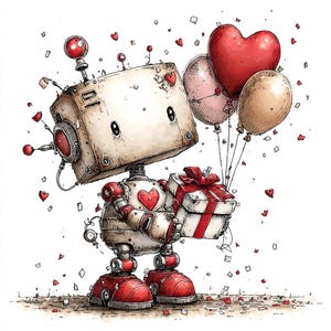Whimsical Valentine Robot Clipart – Cute Robot Love Robot JPG – Hearts ...