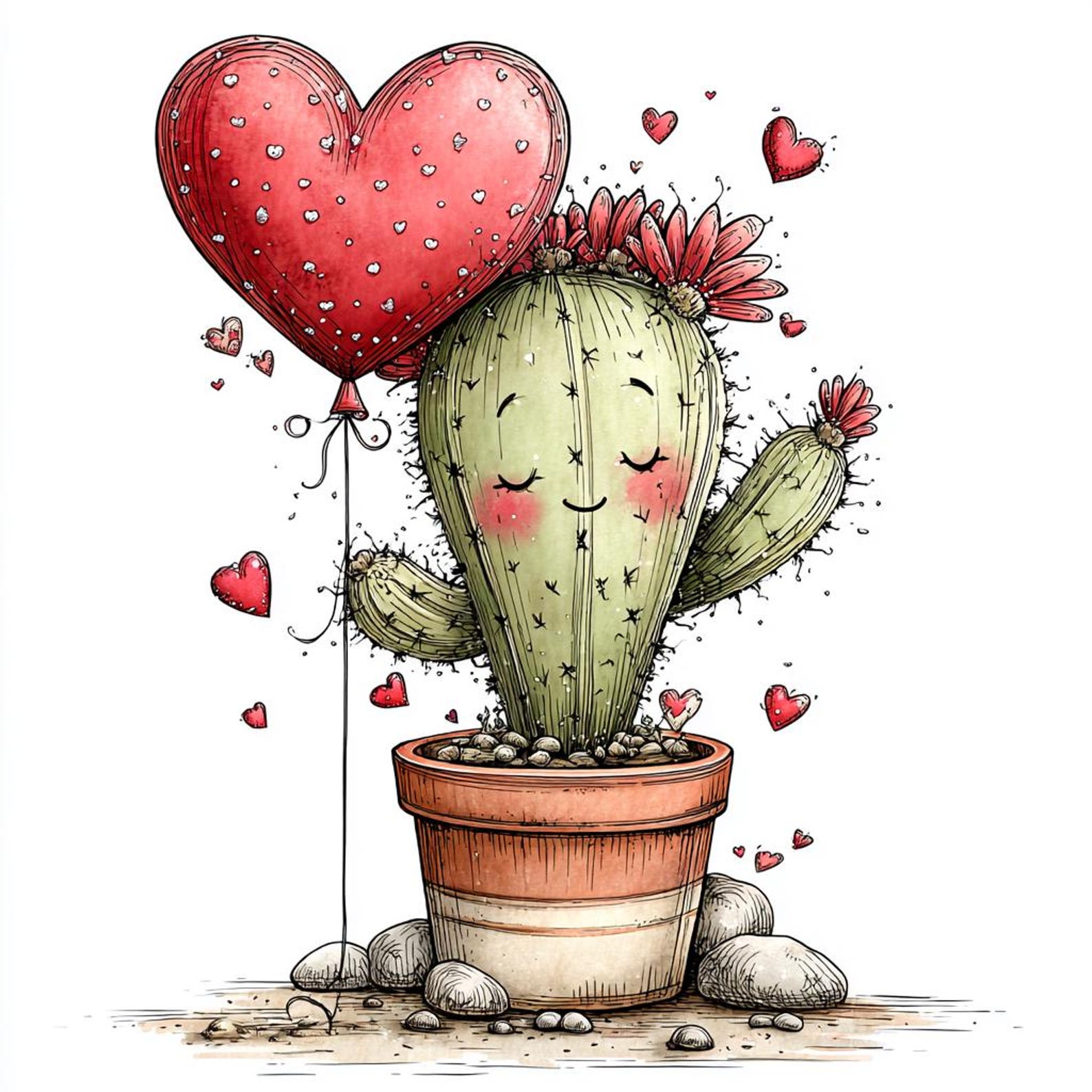 Whimsical Cactus Valentine Clipart – Cute Love Cactus Art JPG – Hearts ...