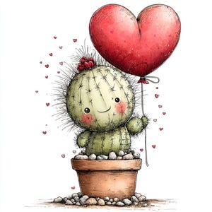 Whimsical Cactus Valentine Clipart – Cute Love Cactus Art JPG – Hearts ...
