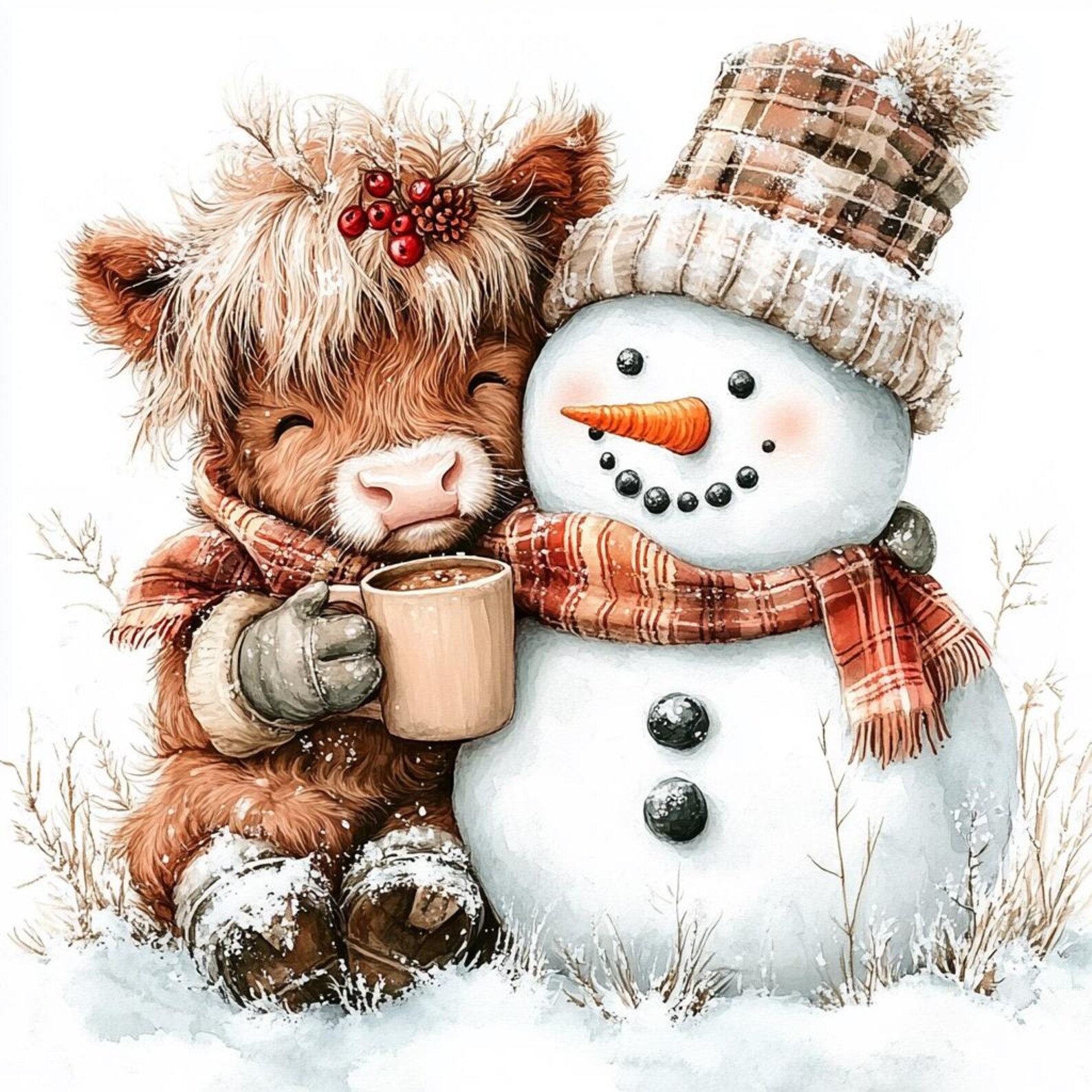 27 JPG Highland Cow With Snowman Clipart, Christmas Clipart, Hot Cocoa ...