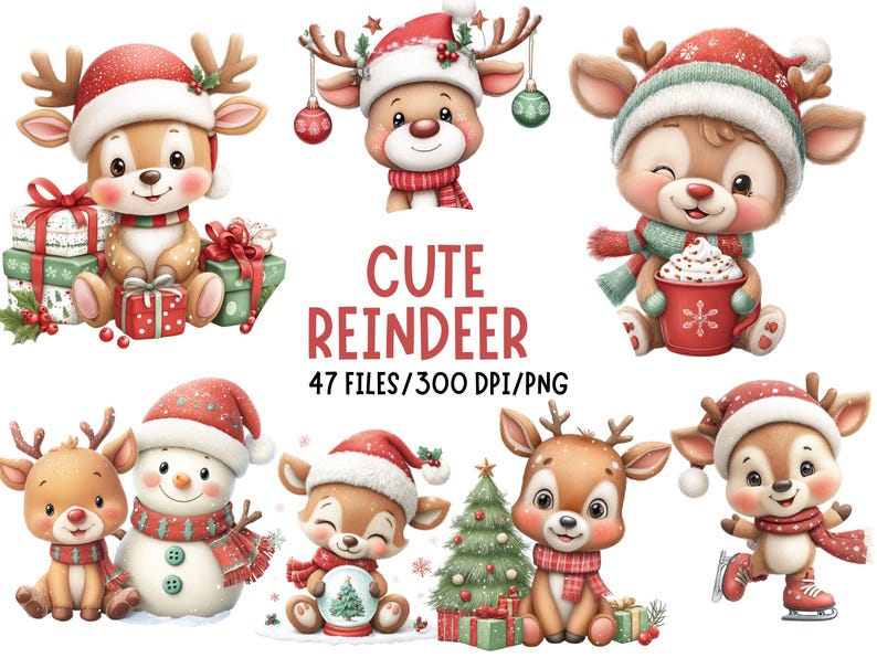 Christmas Reindeer Clipart Bundle, Festive Reindeer Graphics Designs ...