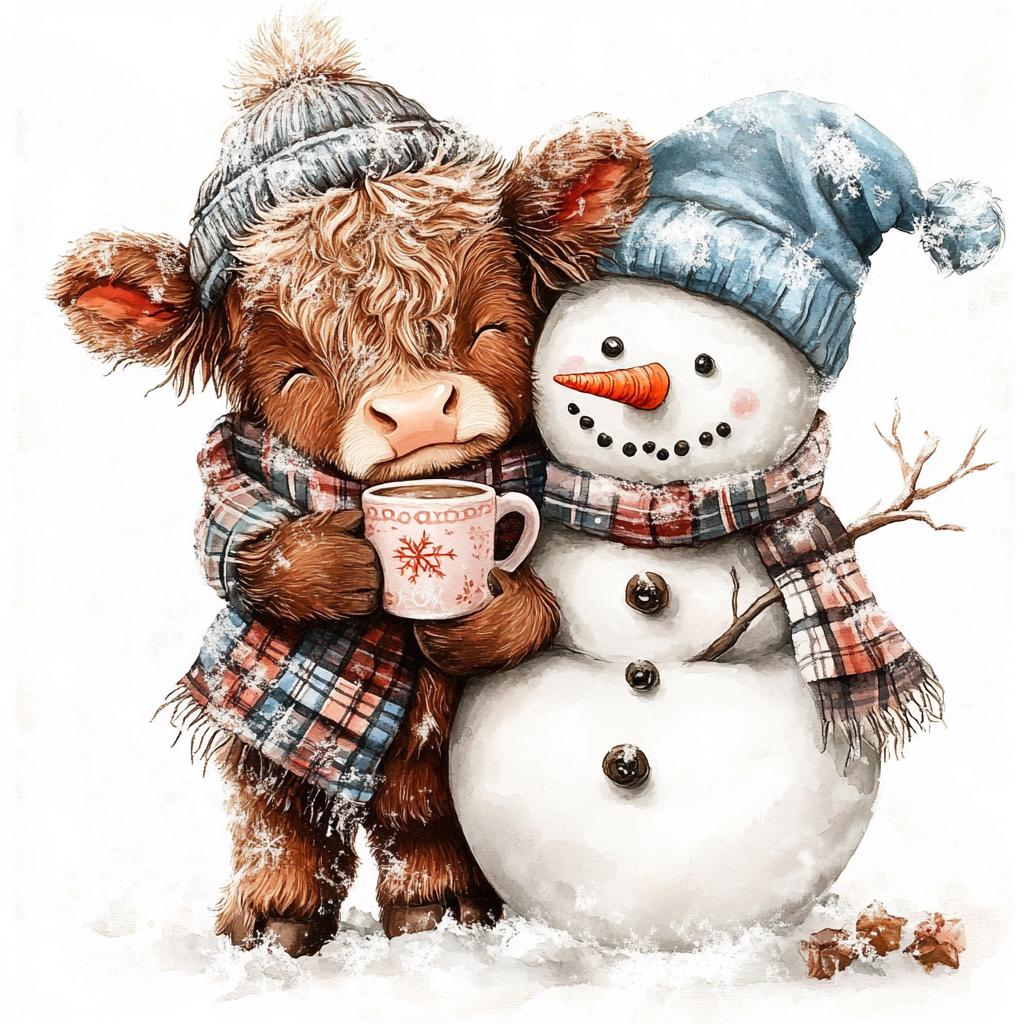 27 JPG Highland Cow With Snowman Clipart, Christmas Clipart, Hot Cocoa ...