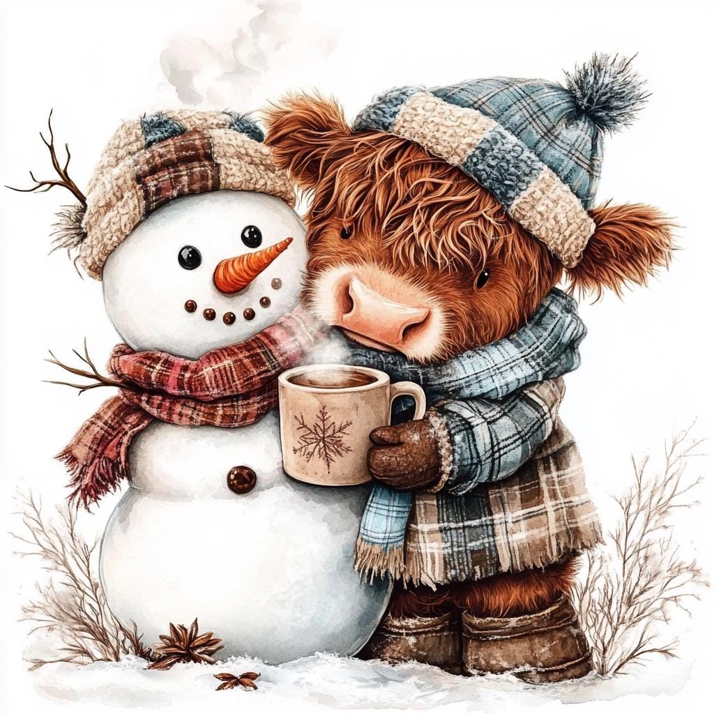 27 JPG Highland Cow With Snowman Clipart, Christmas Clipart, Hot Cocoa ...