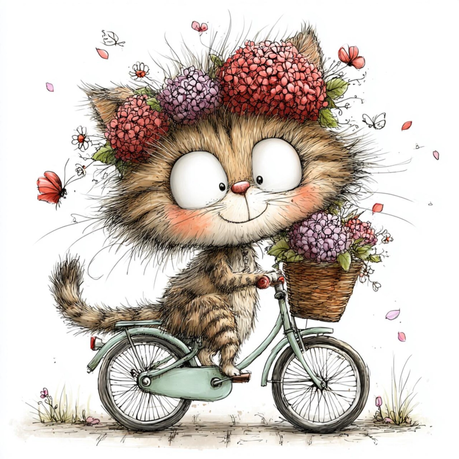 30 JPG Whimsical Cat Clipart – Cute Spring Cat With Floral JPG – Quirky ...
