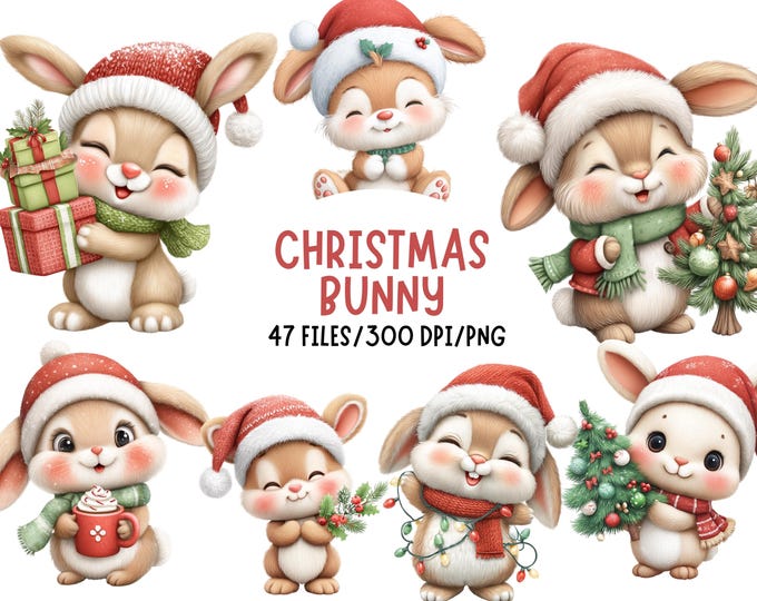 16 PNG Festive Bunny Clipart – Cute Winter Rabbit PNG – Holiday Animal ...