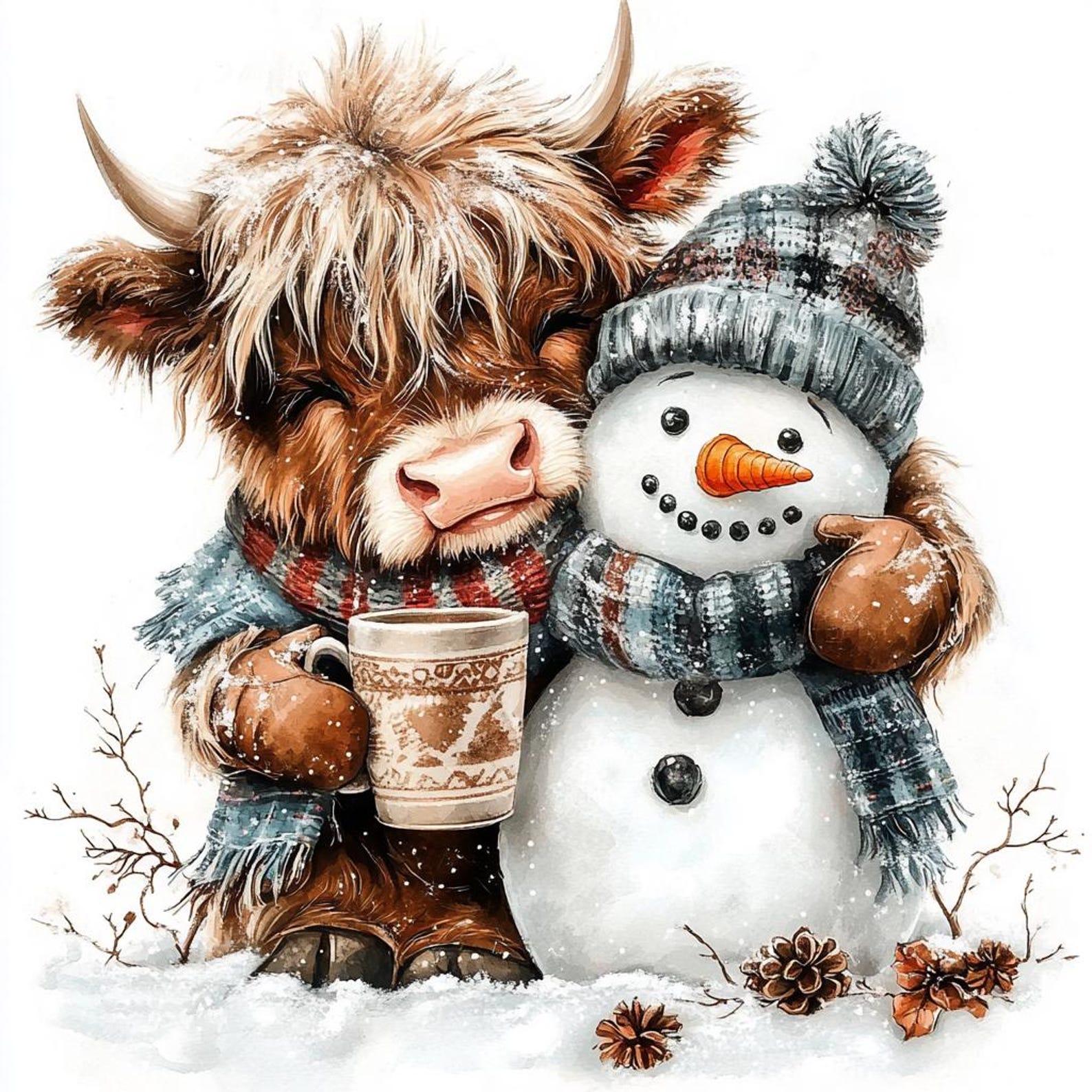 27 JPG Highland Cow With Snowman Clipart, Christmas Clipart, Hot Cocoa ...