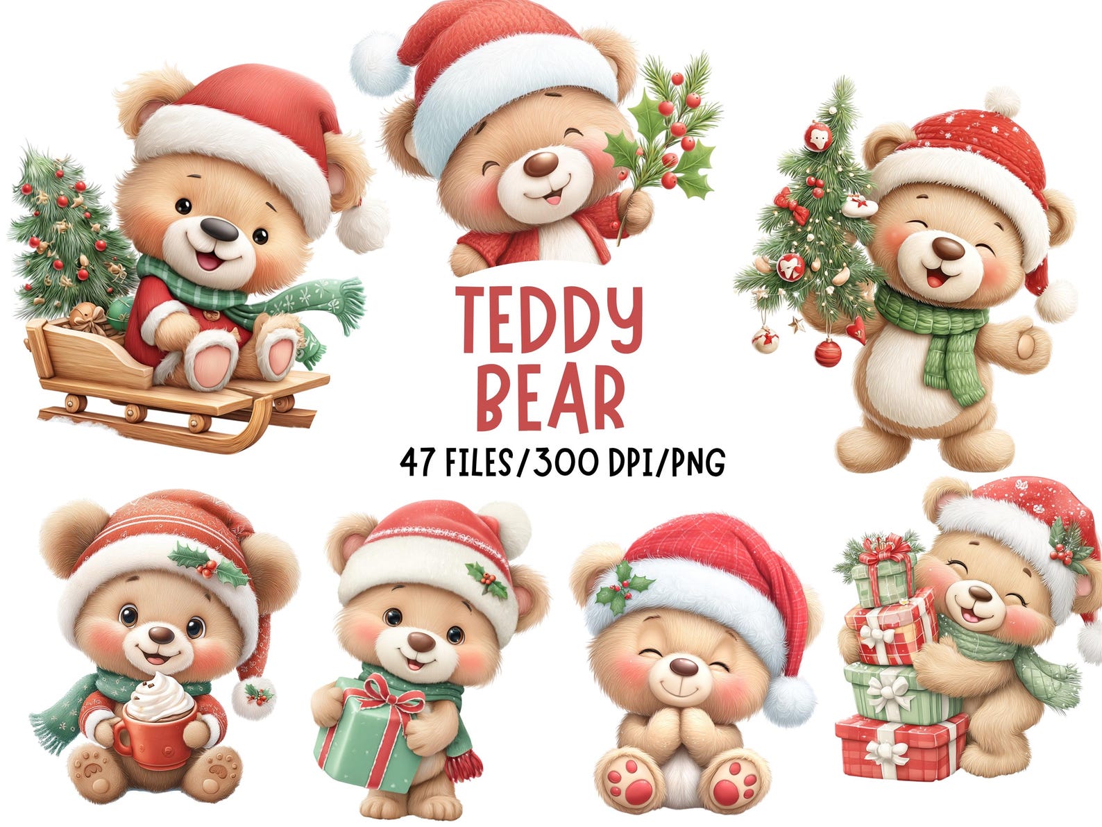 Teddy Bear Christmas Clipart: Cute Watercolor Illustrations for ...
