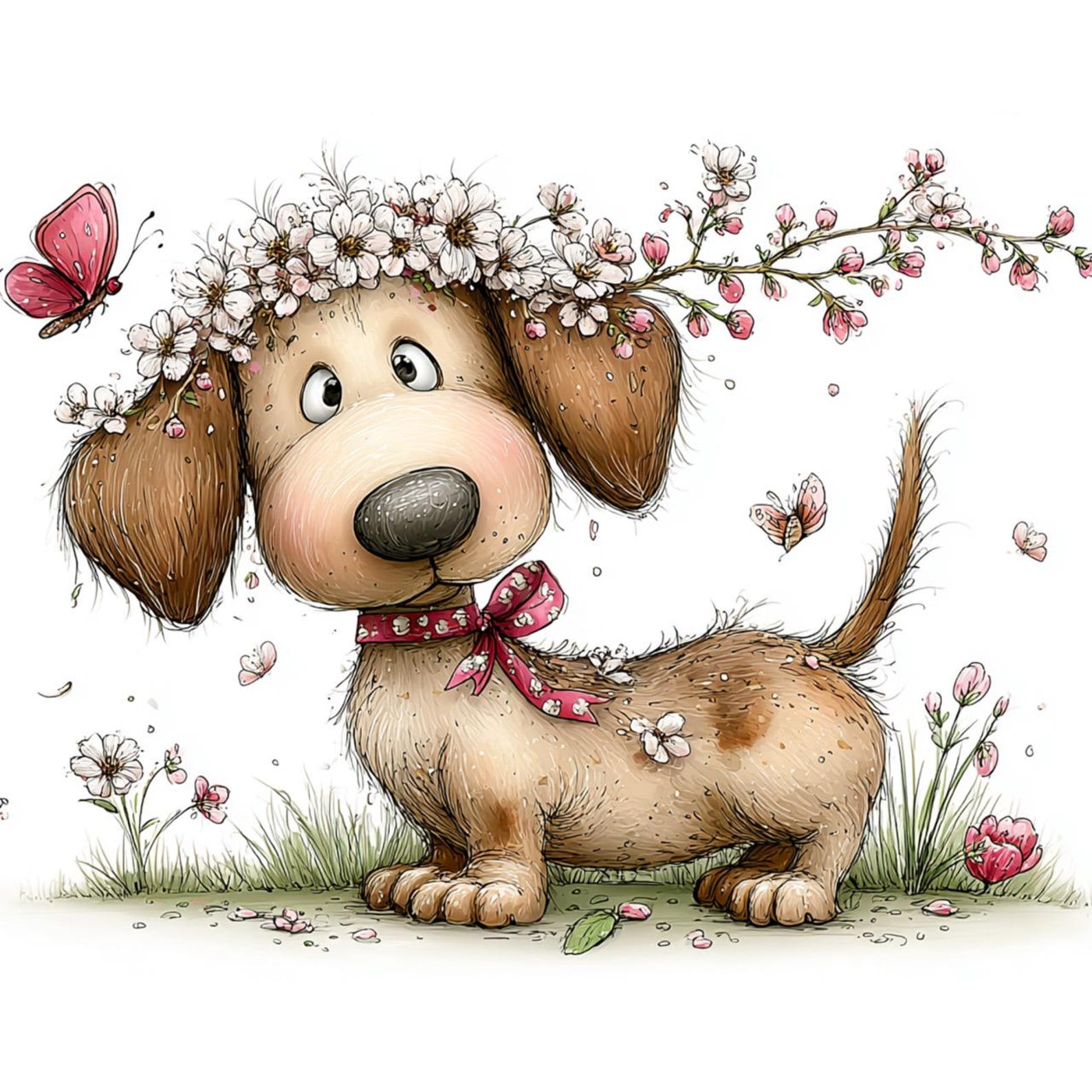 Whimsical Spring Dachshund Clipart – Floral Watercolor Sausage Dog Pngs ...