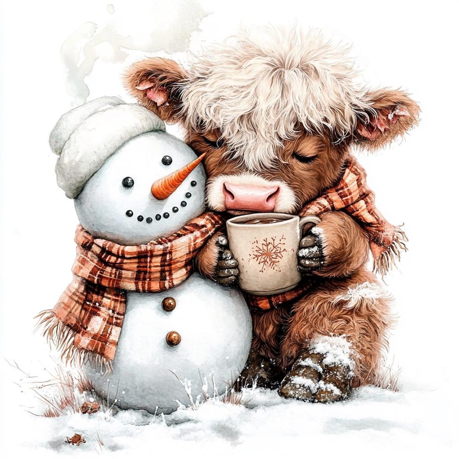 27 JPG Highland Cow With Snowman Clipart, Christmas Clipart, Hot Cocoa ...