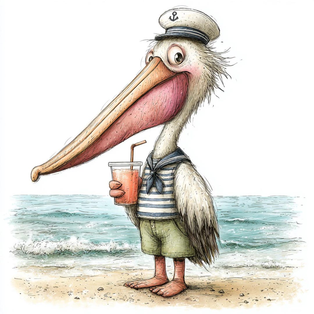 43 JPG Whimsical Pelican Clipart, Cute Quirky Beach Bird, Summer ...