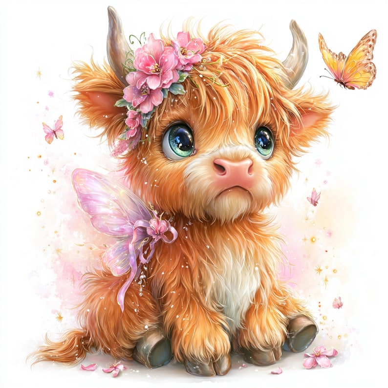 30 JPG Highland Cow Butterfly Clipart, Cute Cartoon Highland Cows ...