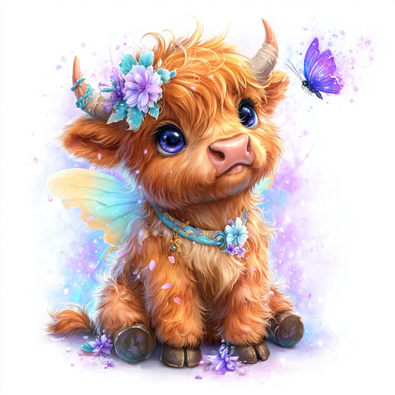 30 JPG Highland Cow Butterfly Clipart, Cute Cartoon Highland Cows ...