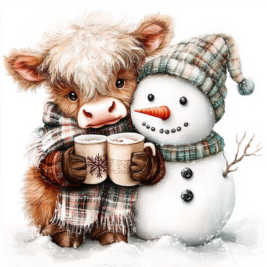 27 JPG Highland Cow With Snowman Clipart, Christmas Clipart, Hot Cocoa ...