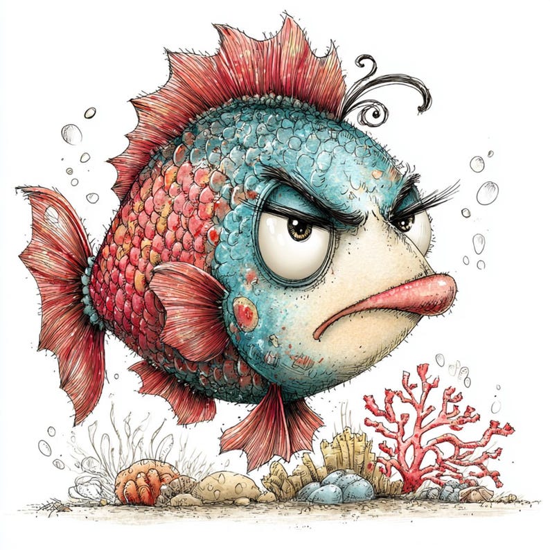 40 JPG Whimsical Grumpy Fish Clipart - lustige Meerestierillustrationen ...