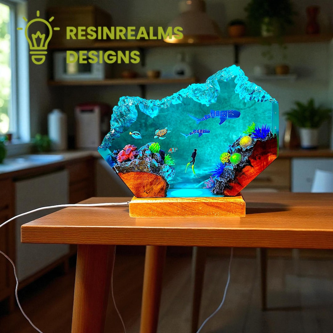 Handmade Ocean Resin Lamp With Diver & Coral Reef Scene Epoxy LED Night ...