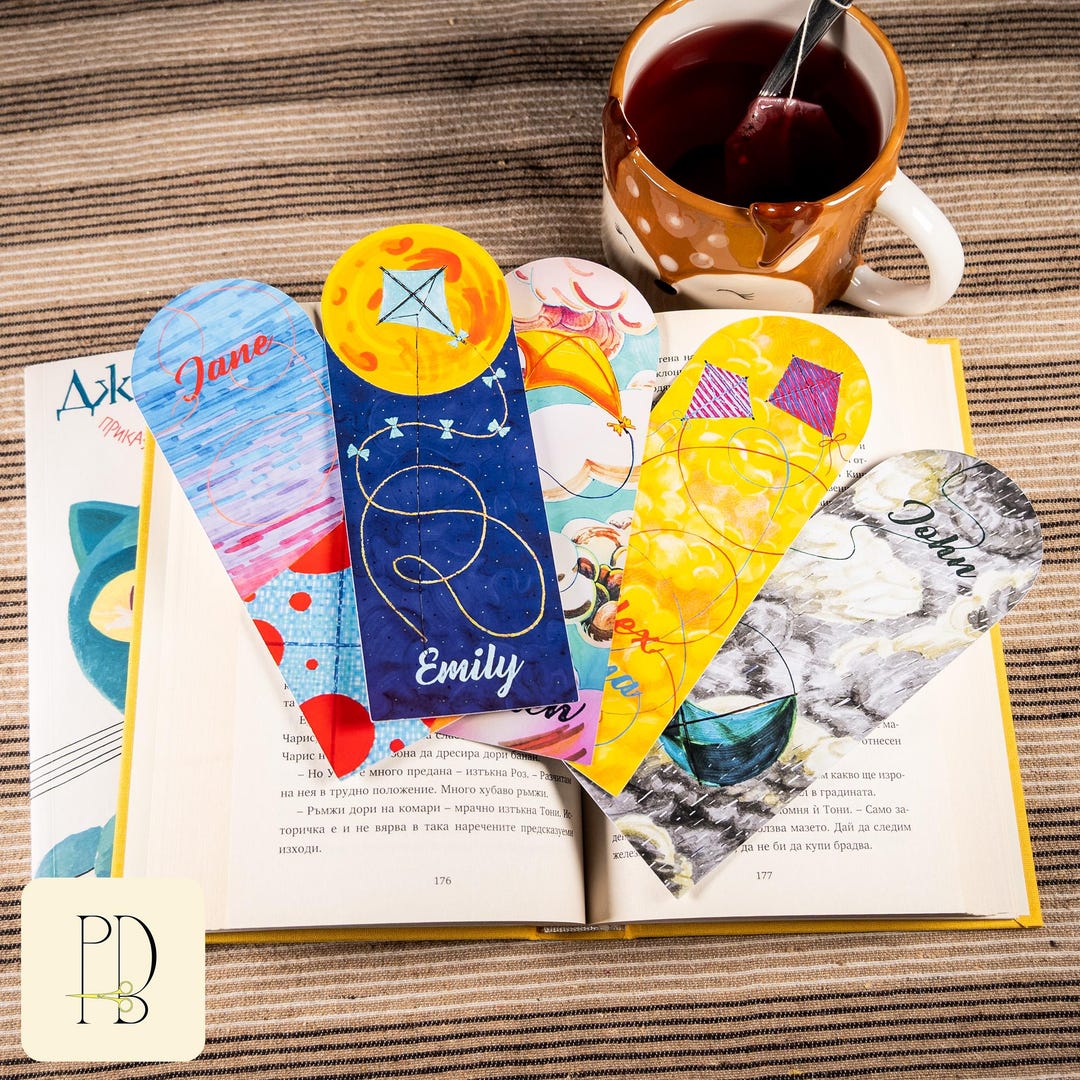 Customizable Paper Bookmarks Set of With Dreamy Skies and Kites. Name ...