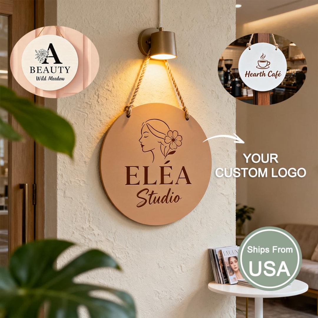 Personalized Round Business Sign – Custom Wooden Hanging Door Sign With ...
