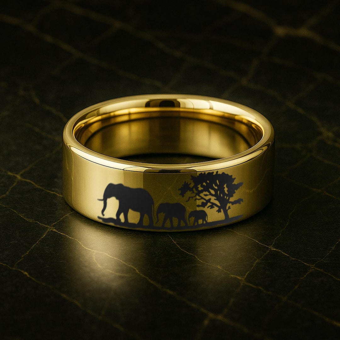 Gold Tungsten Elephant Family Ring: Wildlife Wedding Band - Etsy