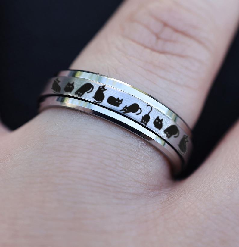 Black Cat Tungsten Spinner Ring: Fidget Band, Cat Lover Jewelry - Etsy