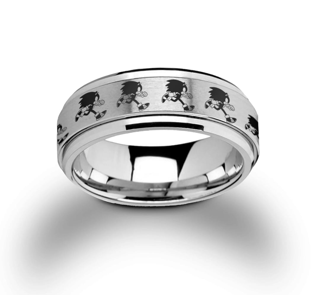 Engraved Sonic the Hedgehog Ring – Silver Tungsten Spinner Ring for ...