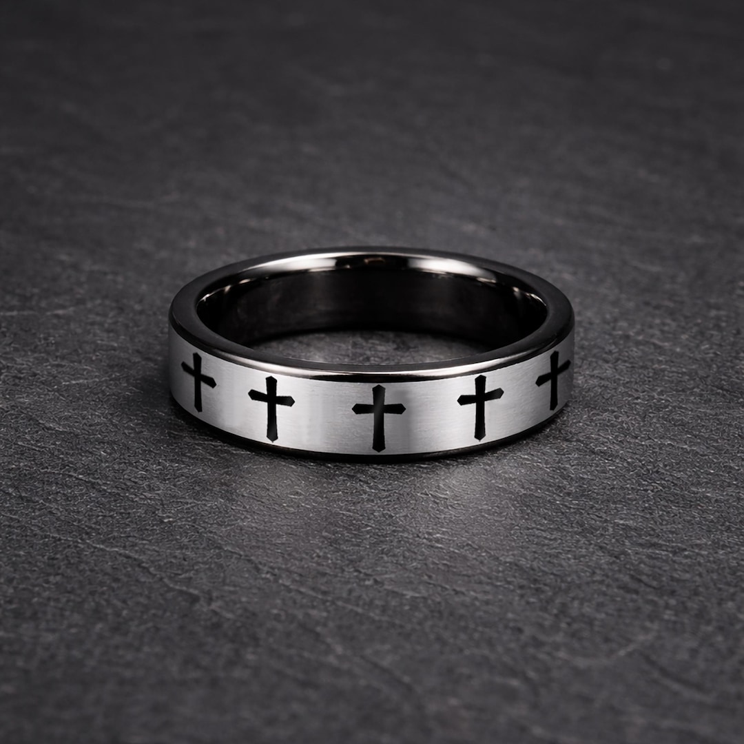 Unisex Black Tungsten Cross Ring, Christian Cross Wedding Ring Band ...