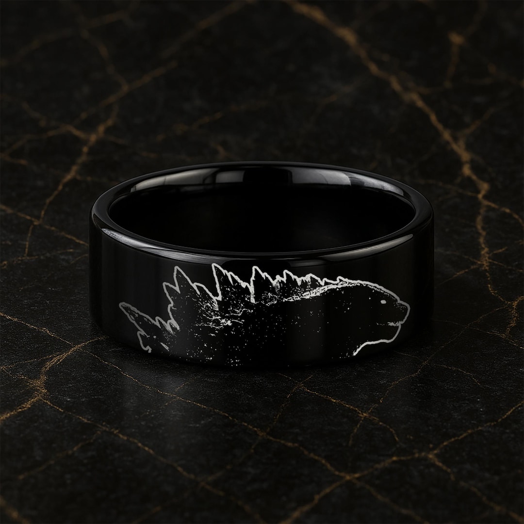 Engraved Godzilla Ring, Black Tungsten Ring 8mm With Godzilla Engraving ...