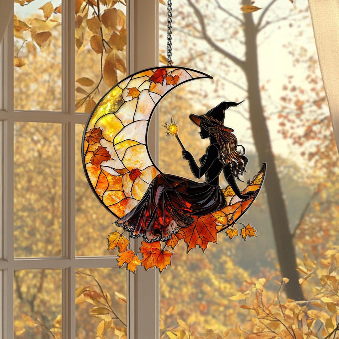 Witch on Crescent Moon Stained Glass Suncatcher, Halloween Window ...