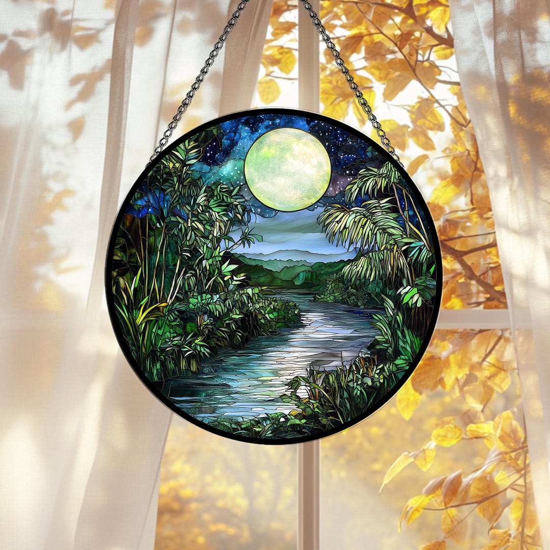 Moonlit River Suncatcher, Stained Glass Landscape Window Hanging, Night ...