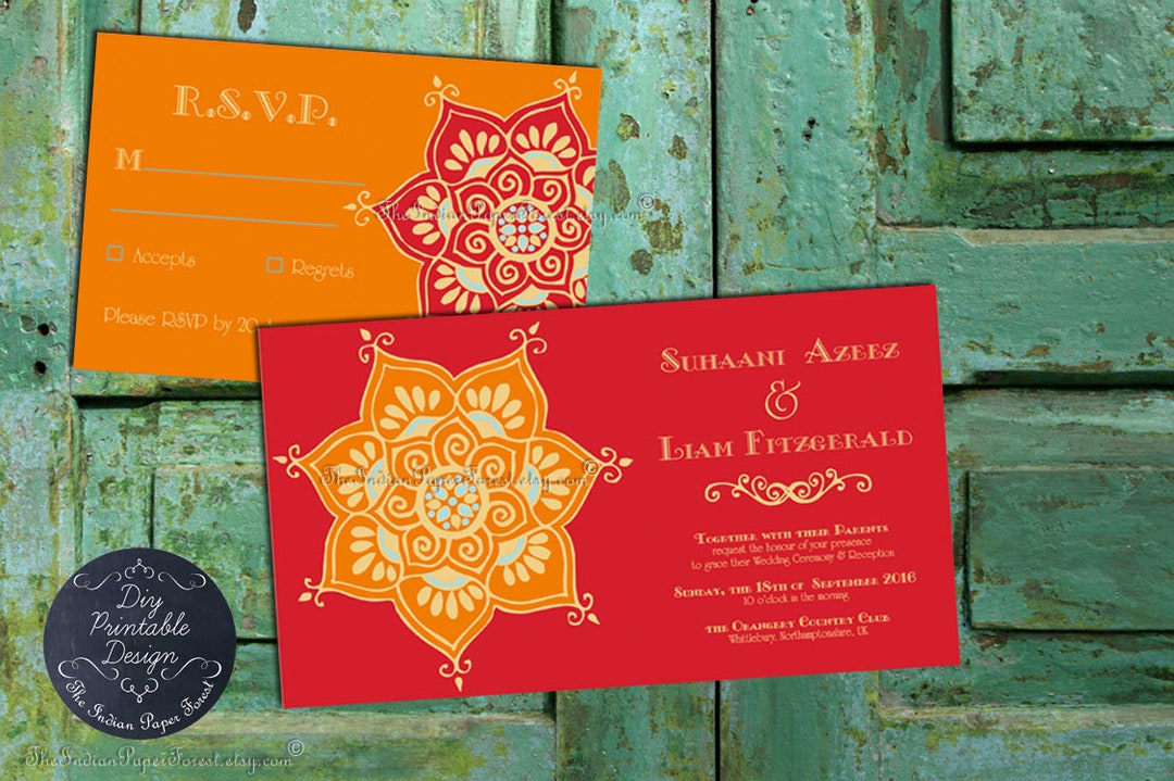 DIY Printable / Printed Wedding Invitation Set LOTUS FLOWER South Asian ...
