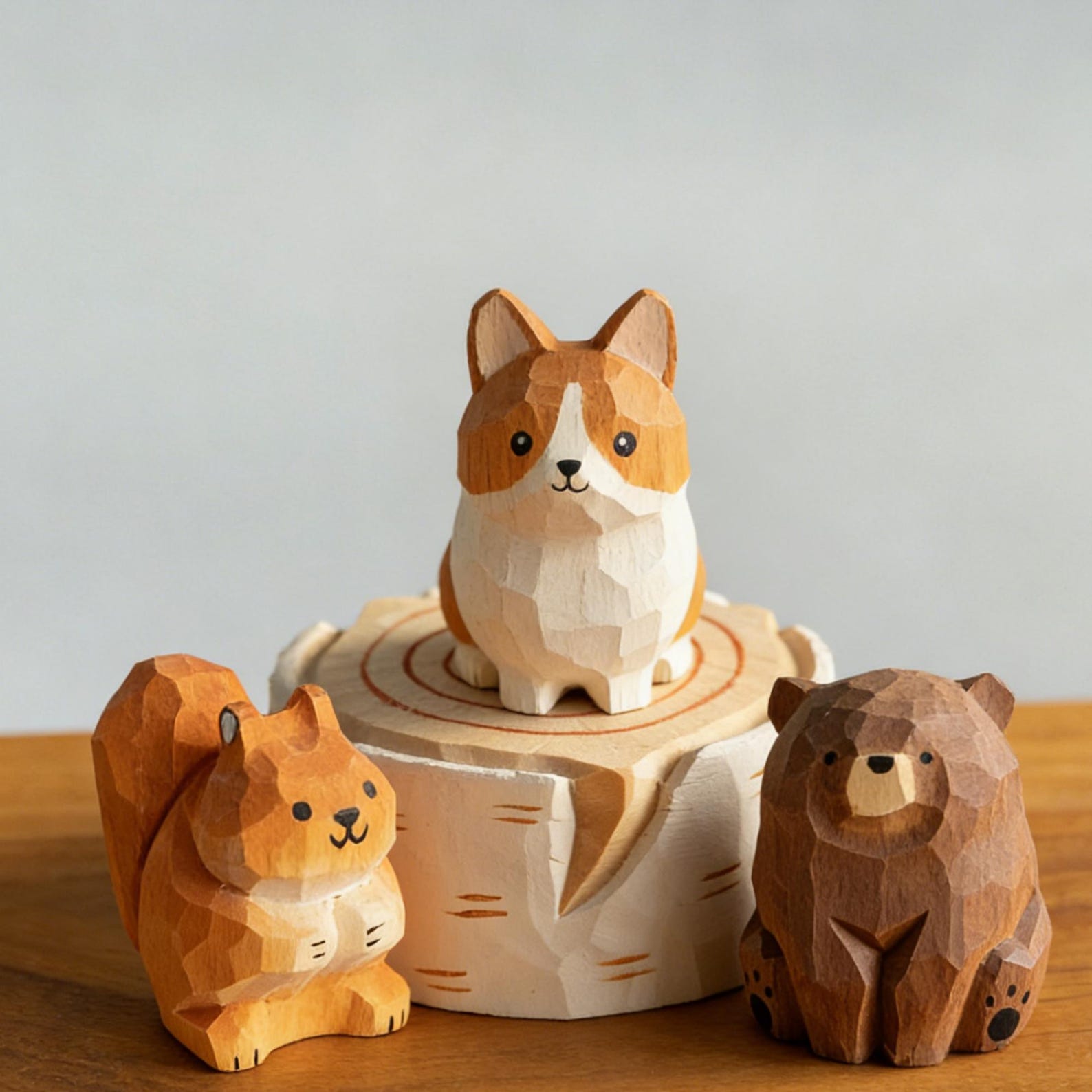 Handcrafted Wooden Base,wood Carving Squirrel,corgi,bear Figurines ...